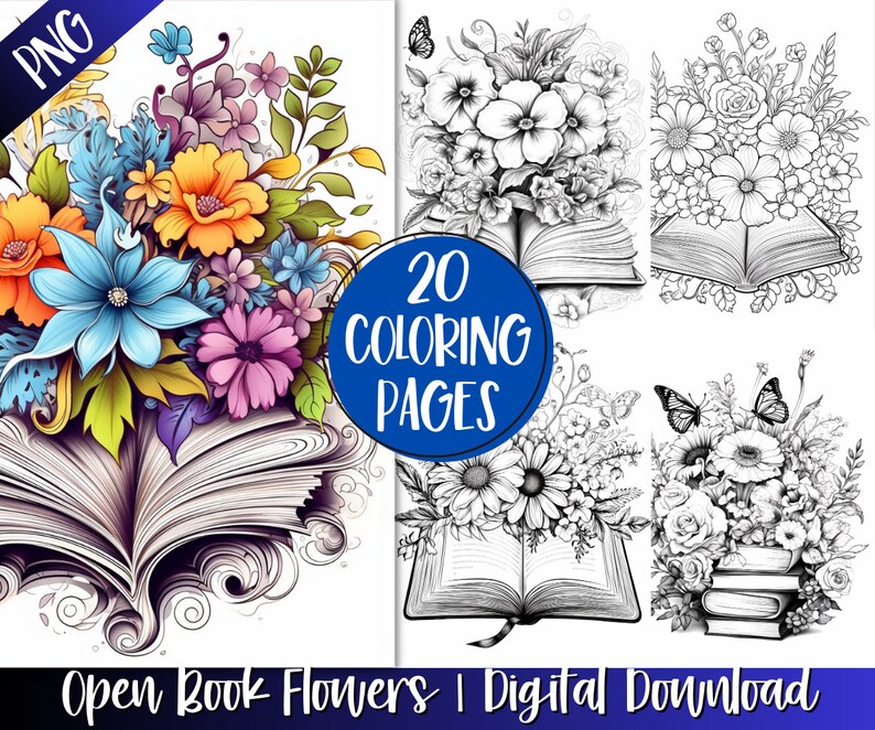 Open Book With Flowers Coloring Book Pages for Adults & Kids, Flower ...