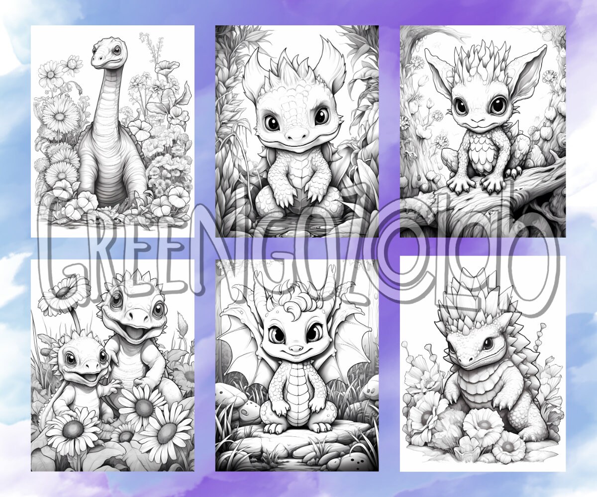 Cute Baby Dragons & Dinosaurs Coloring Book Pages for Kids, Fantasy ...