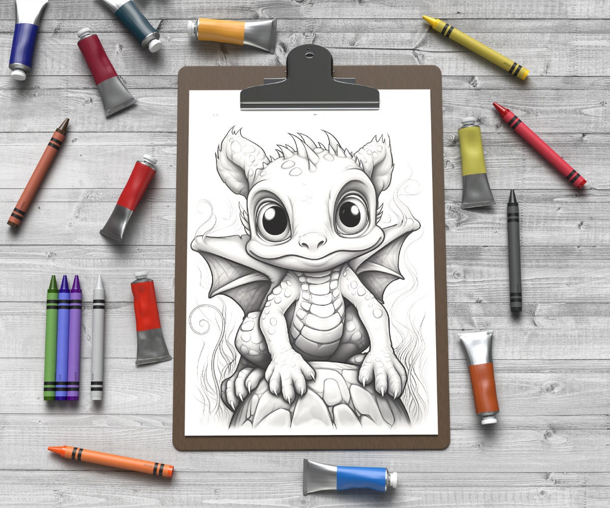 Cute Baby Dragons & Dinosaurs Coloring Book Pages for Kids, Fantasy ...