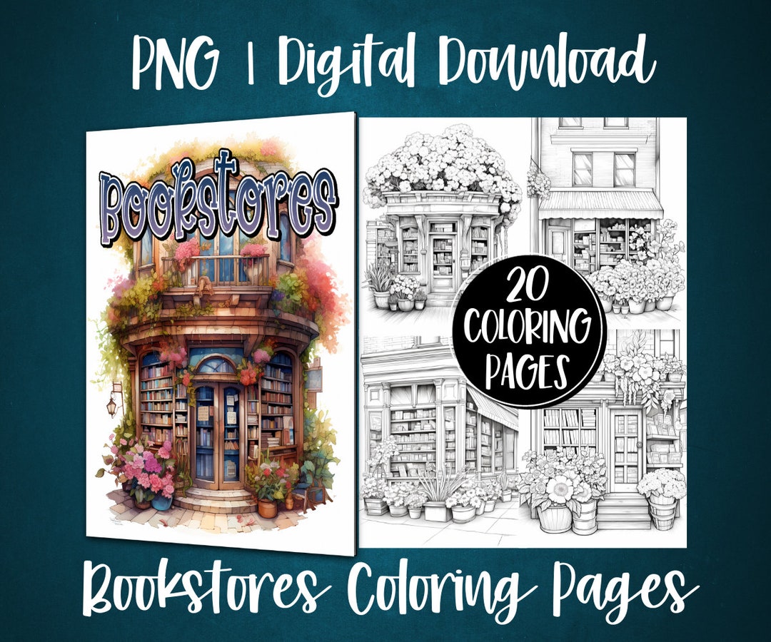 Bookstores Storefront Coloring Book Pages for Adults, Library Grayscale ...