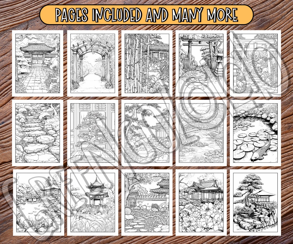 Japanese Zen Garden Coloring Book Pages, Japan Tranquil Serene Scenery ...