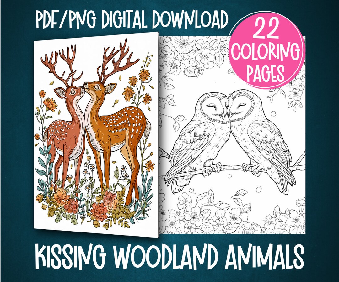 Kissing Woodland Animals Coloring Pages, Valentine's Romantic Themes - Etsy
