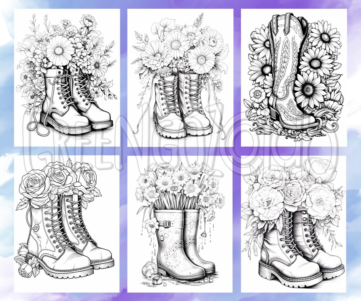 Floral Boots Coloring Book Pages, Grayscale Printable Art - Etsy UK