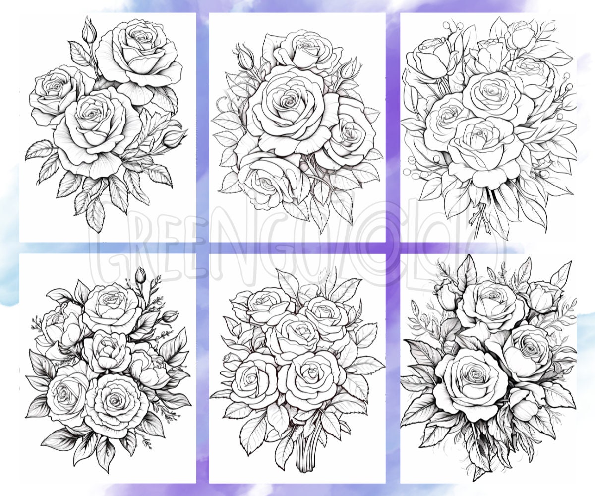 Rose Floral Coloring Book Pages for Adults & Kids, Flower Grayscale ...
