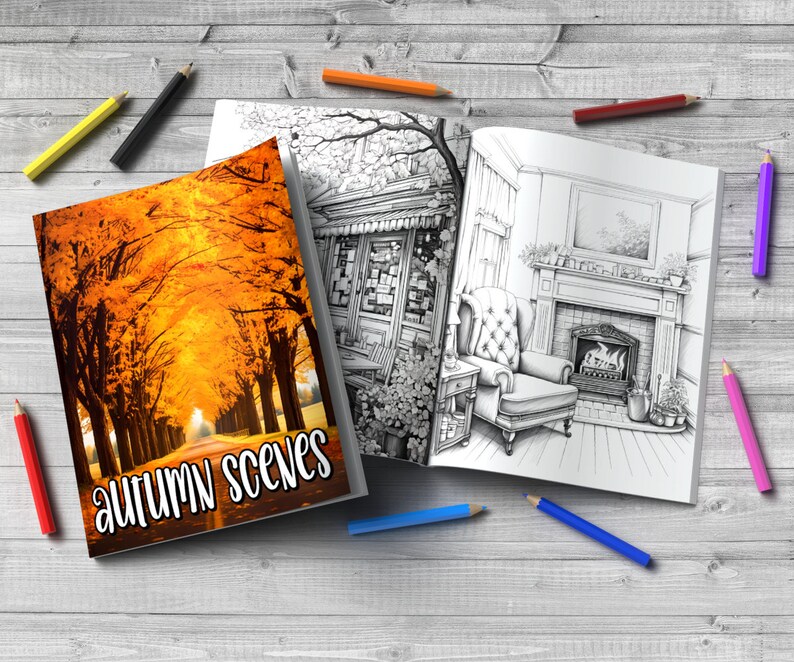Autumn Scenes Coloring Book Pages for Adults, Charming Fall Grayscale ...