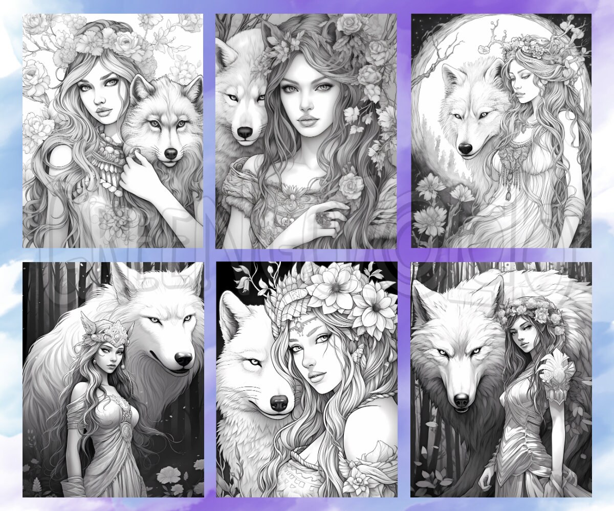 Fairies & Wolves Coloring Book Pages for Adults, Forest Fairy Grayscale ...