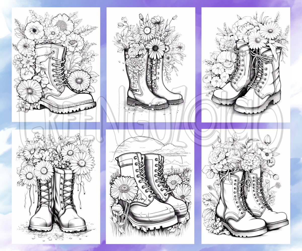 Floral Boots Coloring Book Pages, Grayscale Printable Art - Etsy UK
