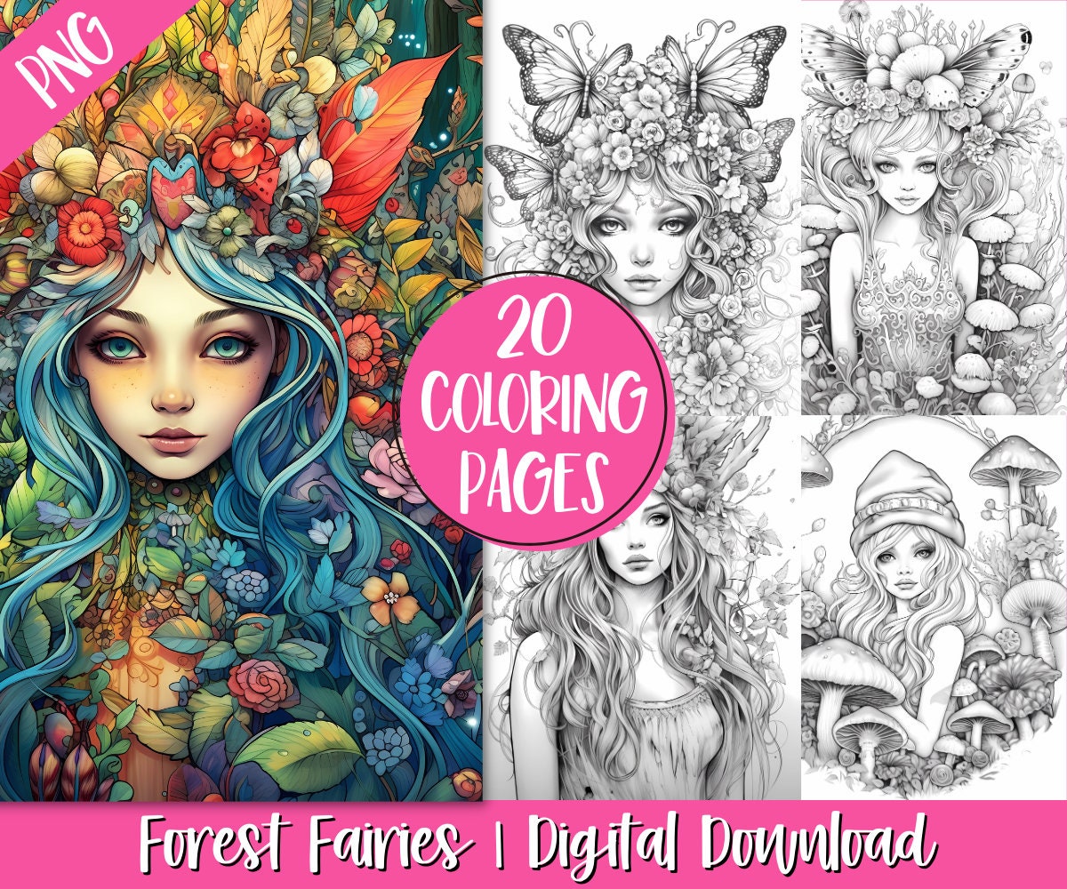 Forest Fairies Coloring Book Pages for Adults & Kids, Fantasy Fairy ...