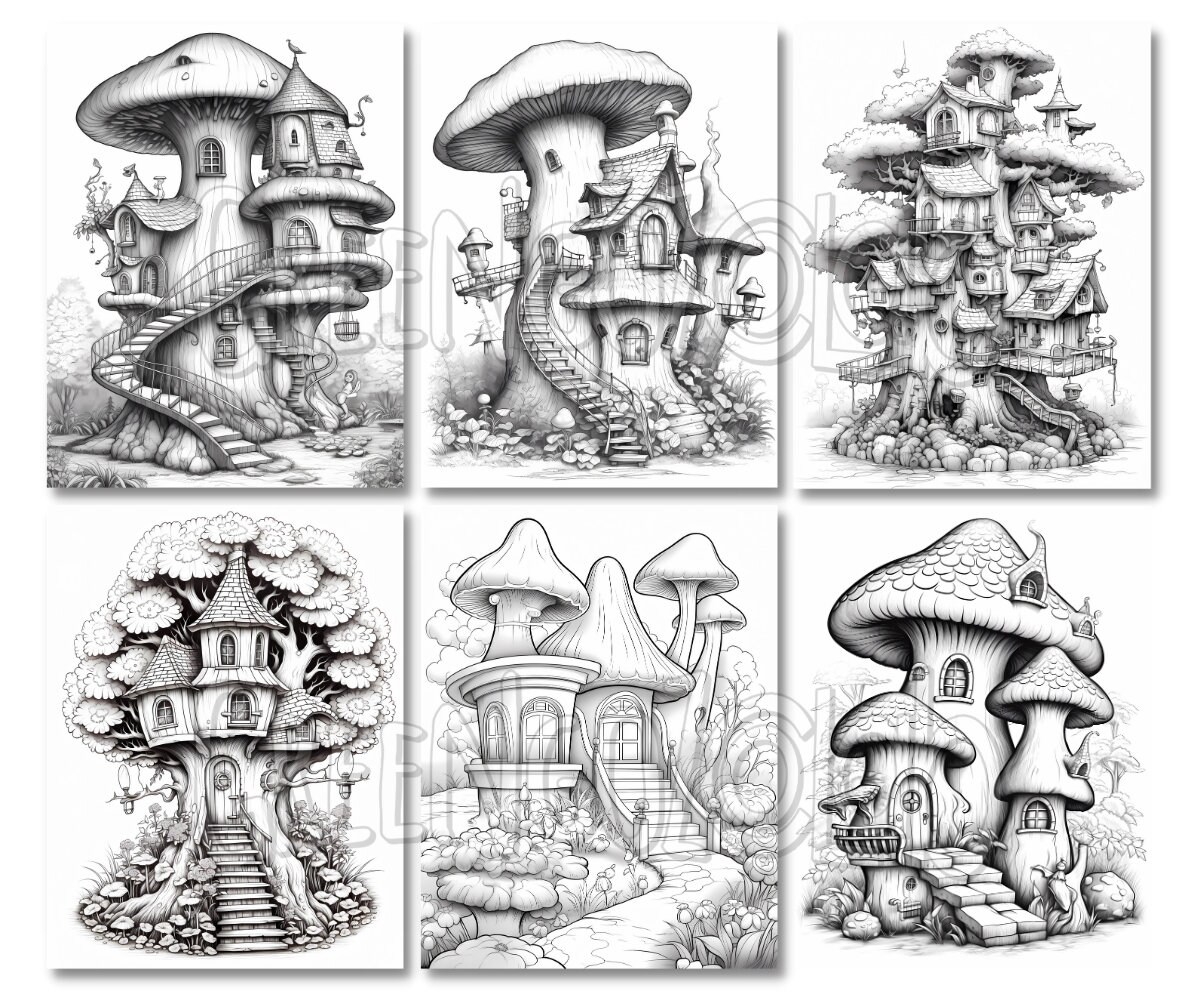 Magic Mushroom House Coloring Book Pages for Adults Fantasy - Etsy