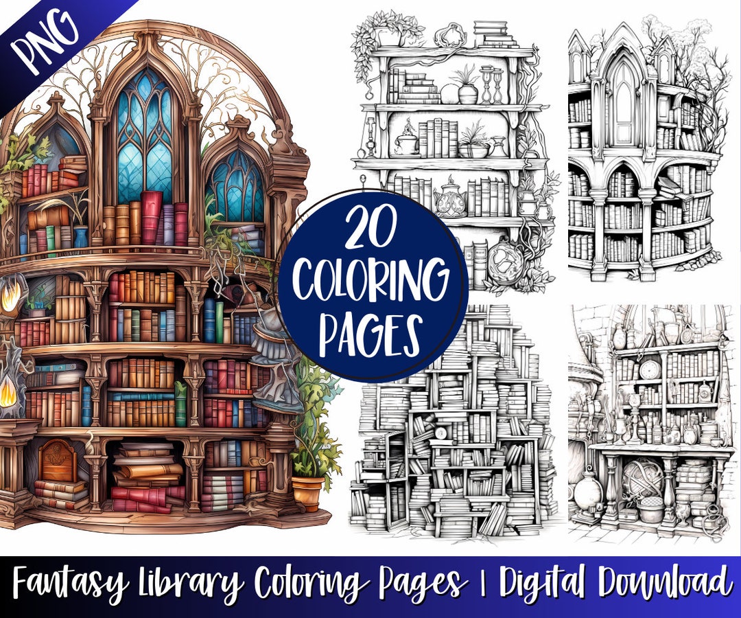 Fantasy Library Coloring Book Pages for Adults, Enchanted Library ...