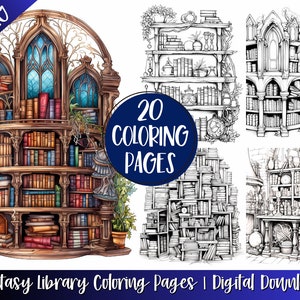 Fantasy Library Coloring Book Pages for Adults, Enchanted Library ...