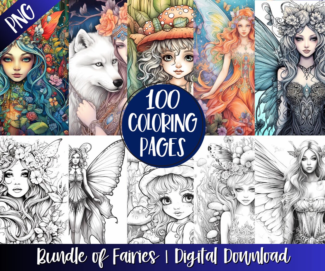 100 Fairies Coloring Book Pages, Fantasy Grayscale Art (digital ...
