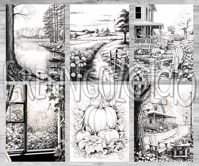 Autumn Scenes Coloring Book Pages for Adults, Charming Fall Grayscale ...