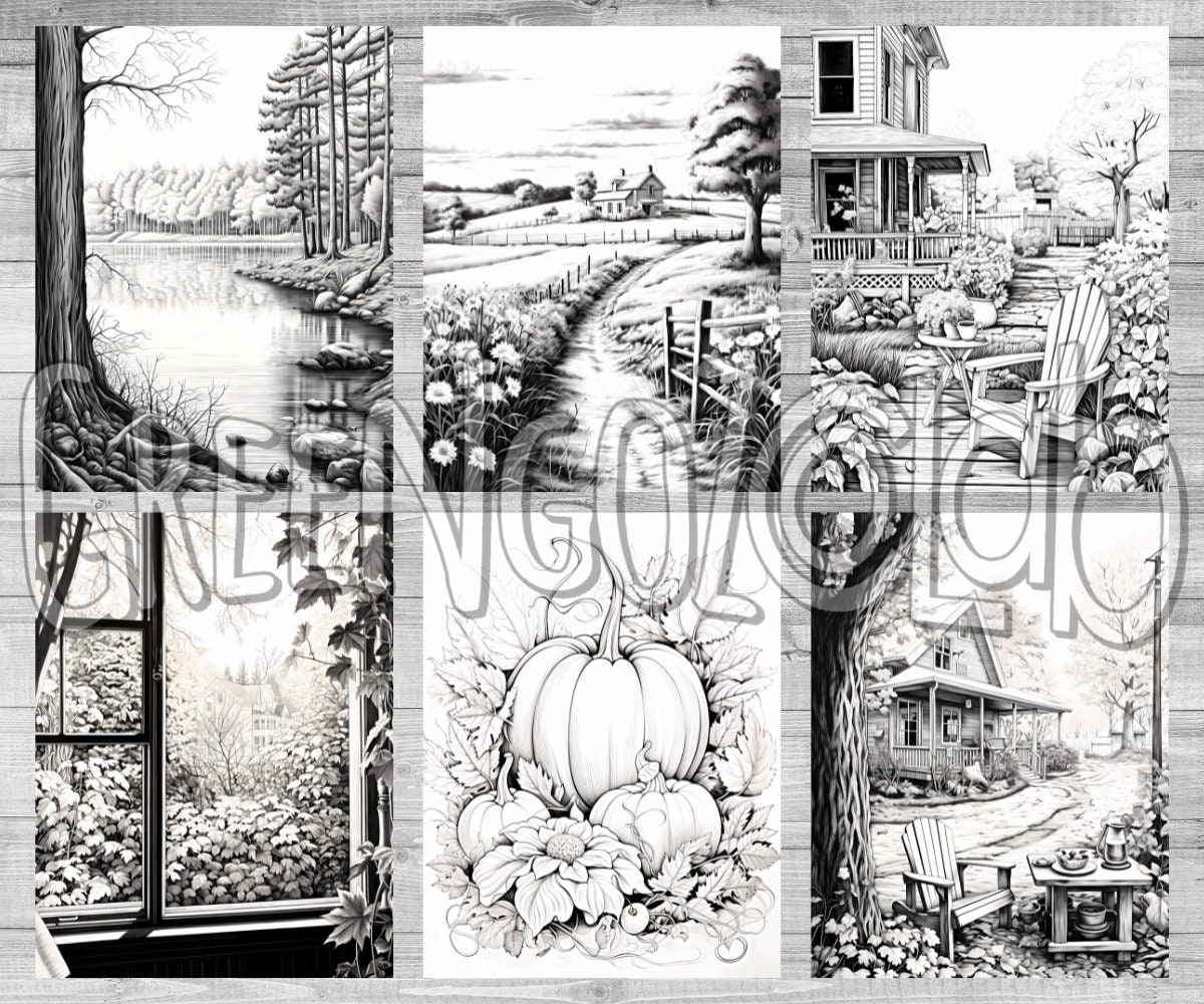 Autumn Scenes Coloring Book Pages for Adults, Charming Fall Grayscale ...