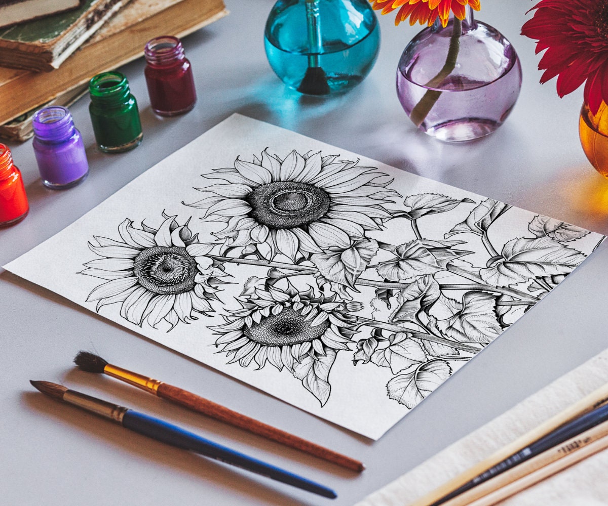 Sunflower Grayscale Floral Coloring Book Pages - Etsy