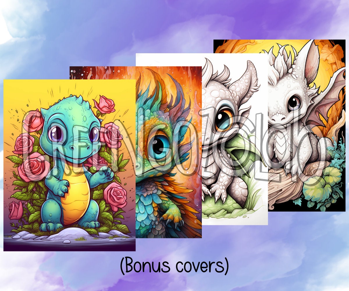Cute Baby Dragons & Dinosaurs Coloring Book Pages for Kids, Fantasy ...