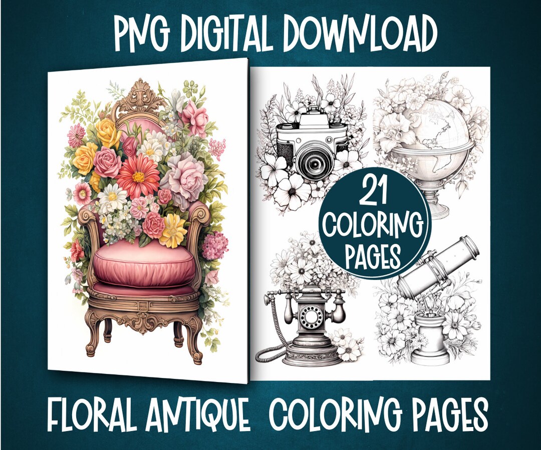 Blooming Floral Antique Coloring Book Pages for Adults, Flower Vintage ...