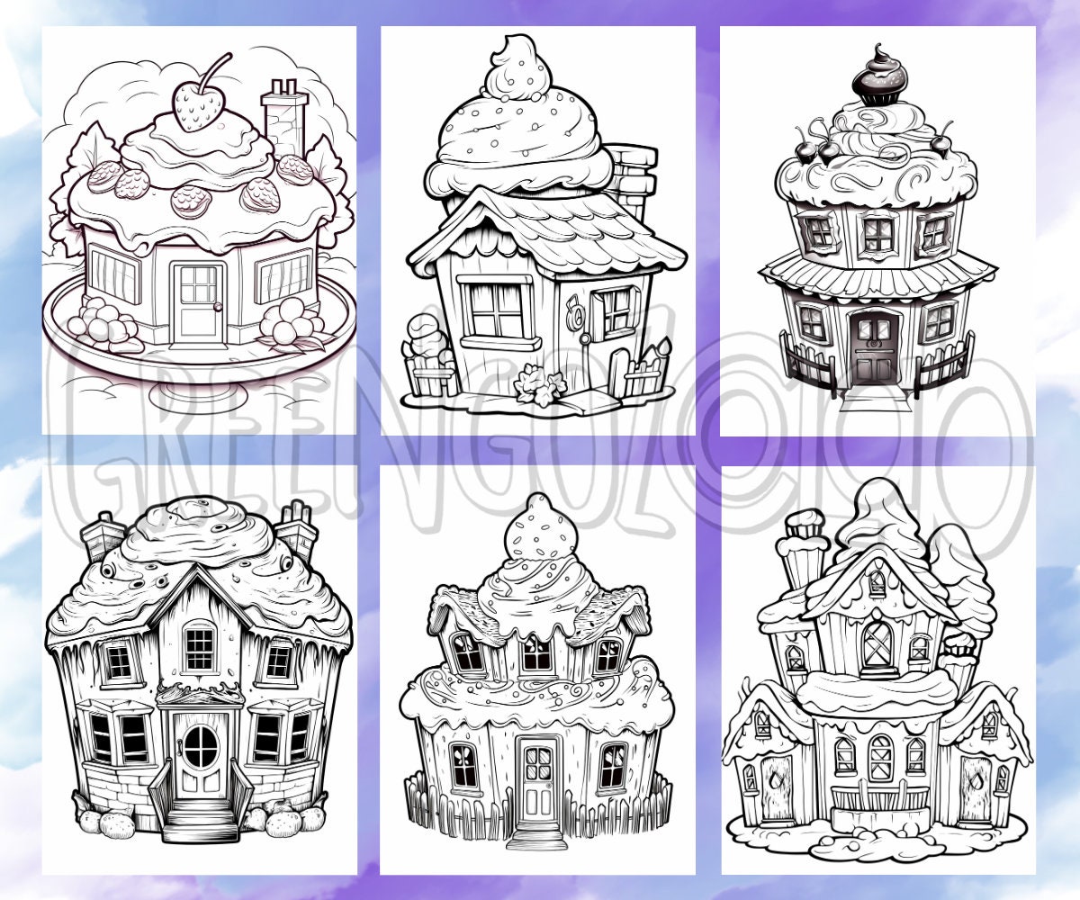 Printable Cupcake Houses Coloring Book Pages for Adults & Kids, Digital ...