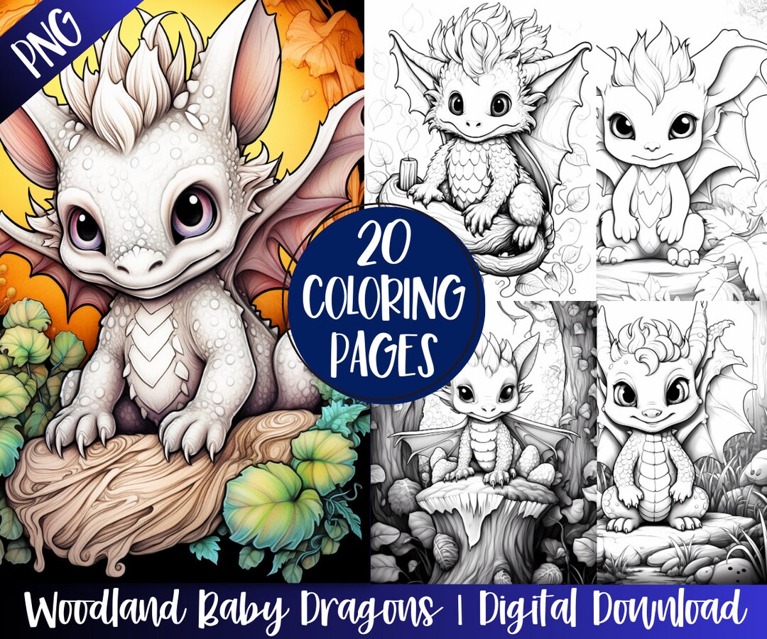 Woodland Baby Dragon Coloring Book Pages for Adults & Kids, Grayscale ...