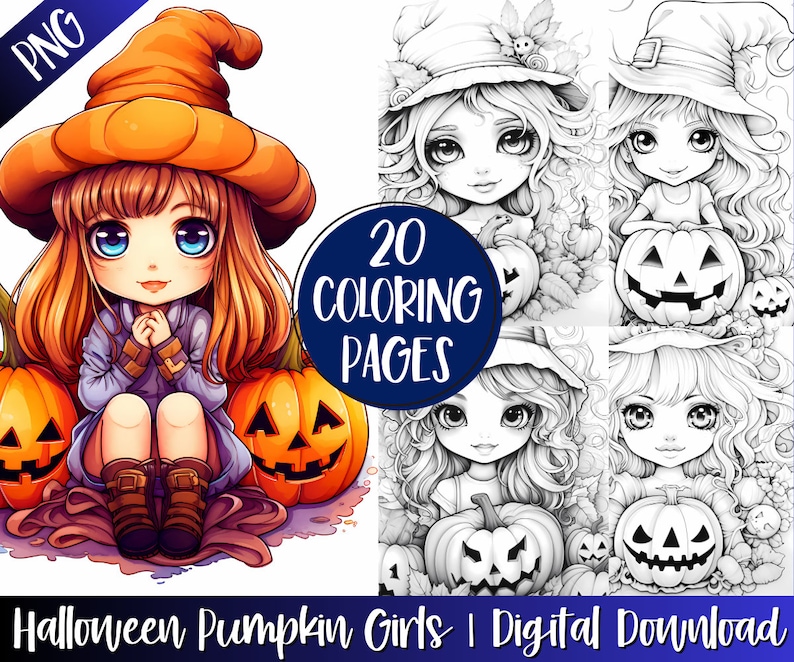 Kawaii Halloween Pumpkin Girls Coloring Book Pages for Teens, Kids ...