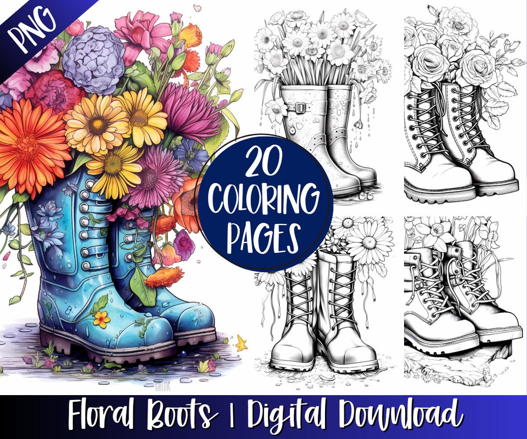 Floral Boots Coloring Book Pages, Grayscale Printable Art - Etsy UK