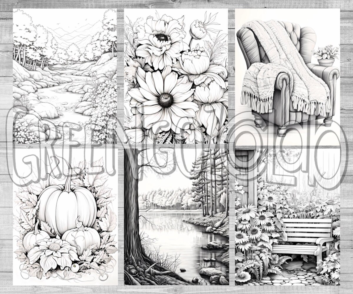 Autumn Scenes Coloring Book Pages for Adults, Charming Fall Grayscale ...