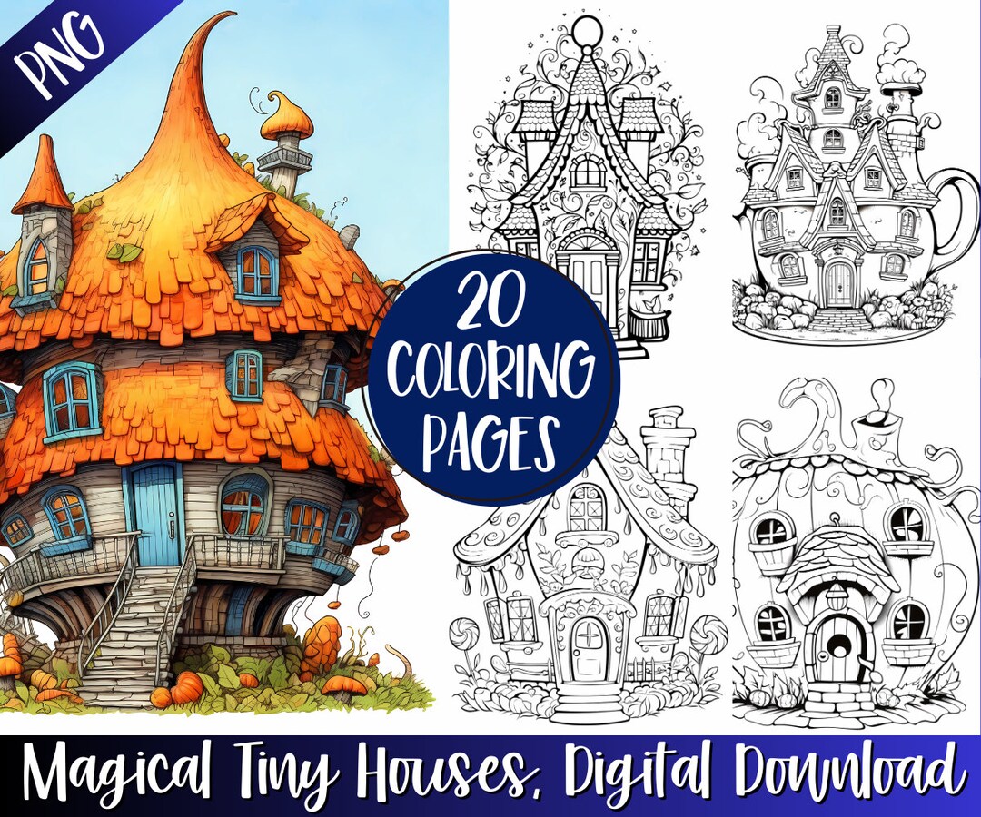 Printable Adult Coloring Book Pages, Magical Tiny Houses, Digital ...