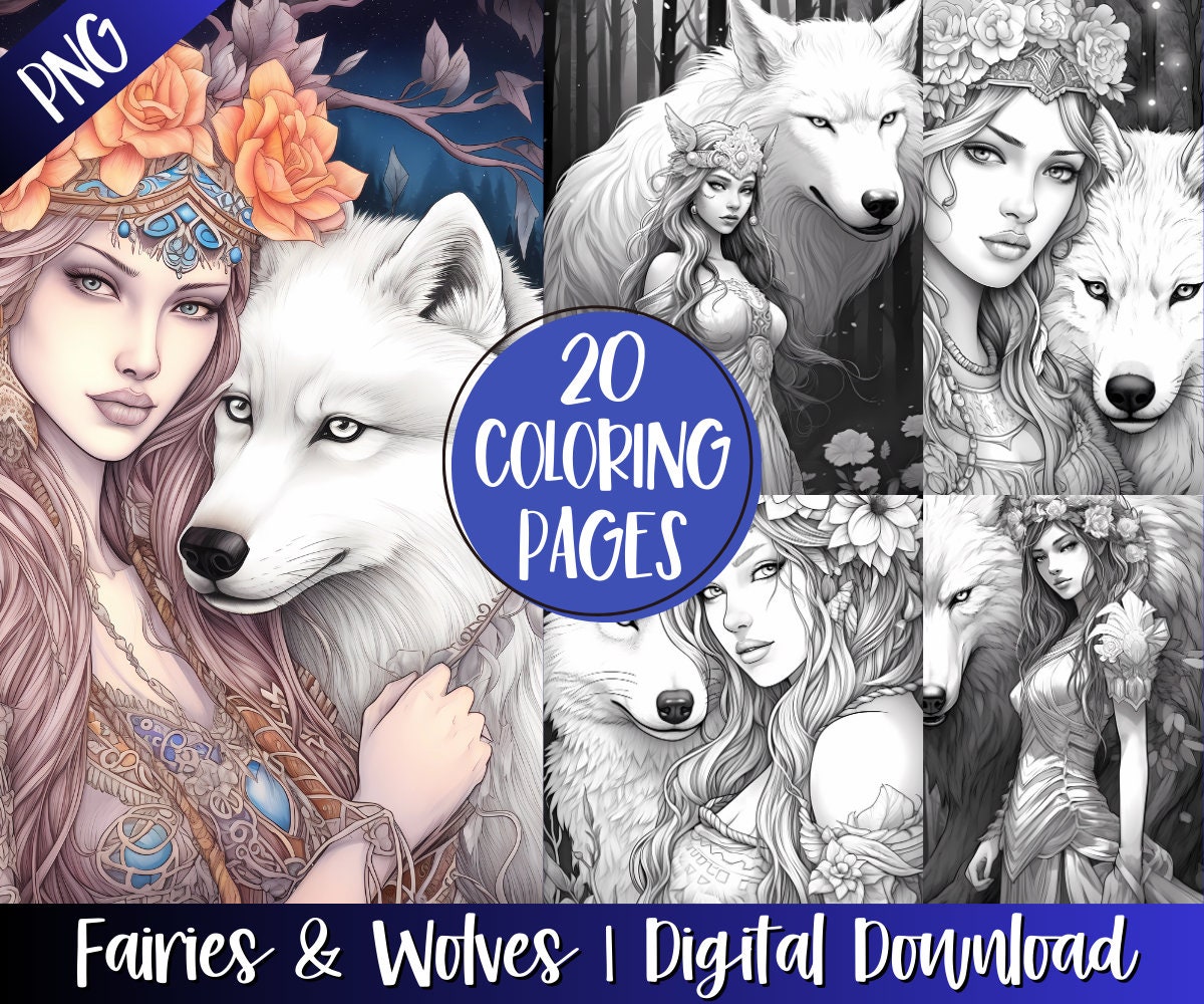 Fairies & Wolves Coloring Book Pages for Adults, Forest Fairy Grayscale ...