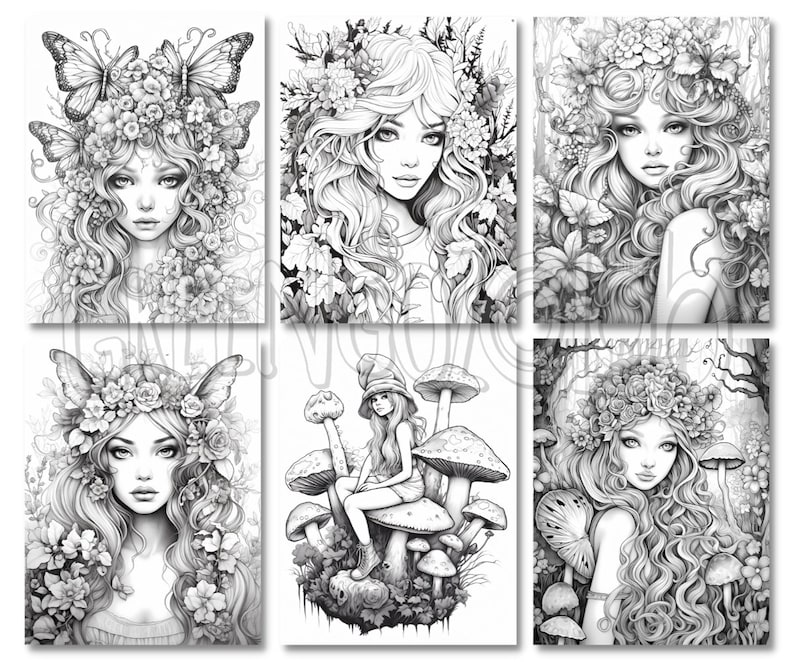 Forest Fairies Coloring Book Pages for Adults & Kids, Fantasy Fairy ...