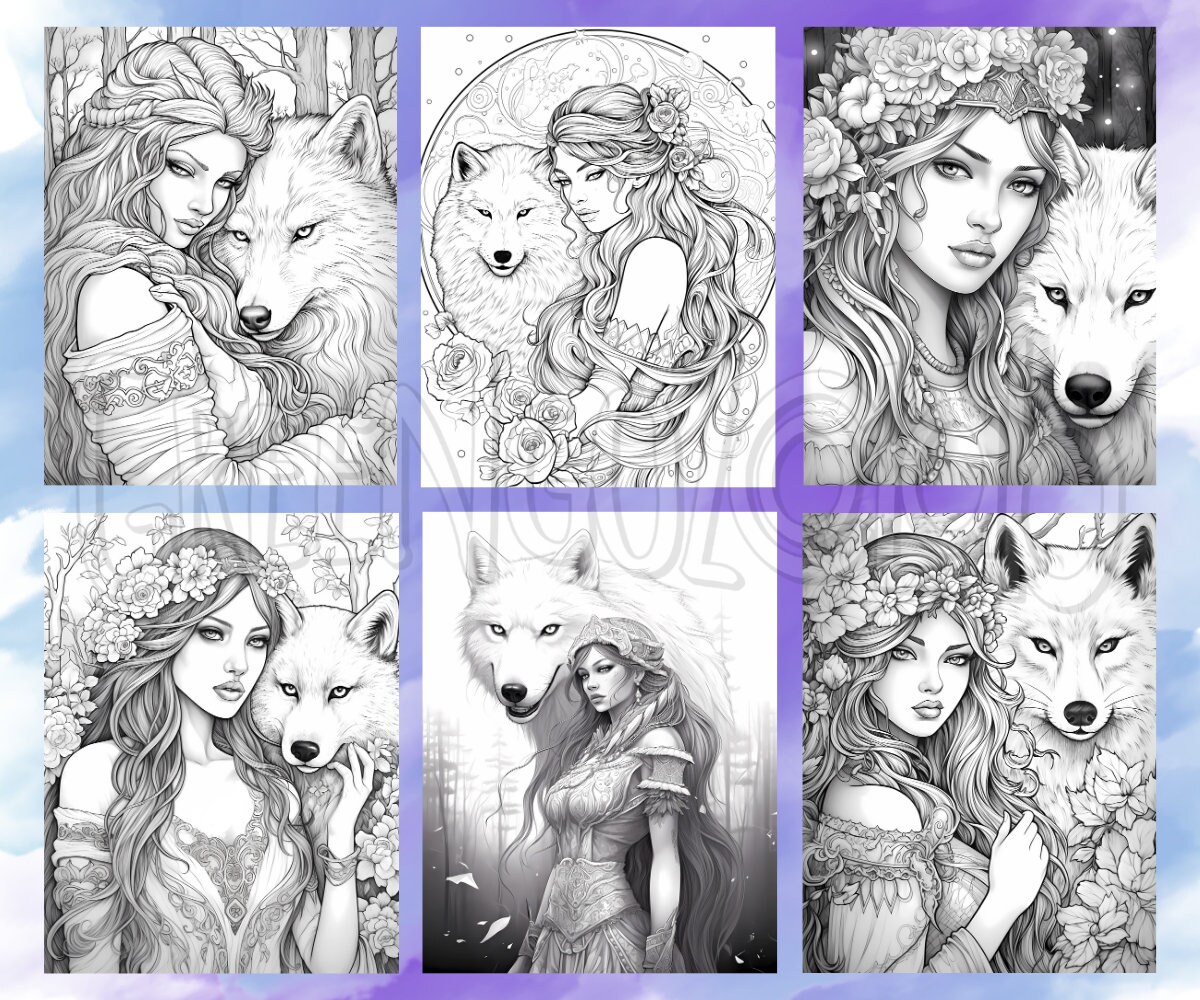 Fairies & Wolves Coloring Book Pages for Adults, Forest Fairy Grayscale ...