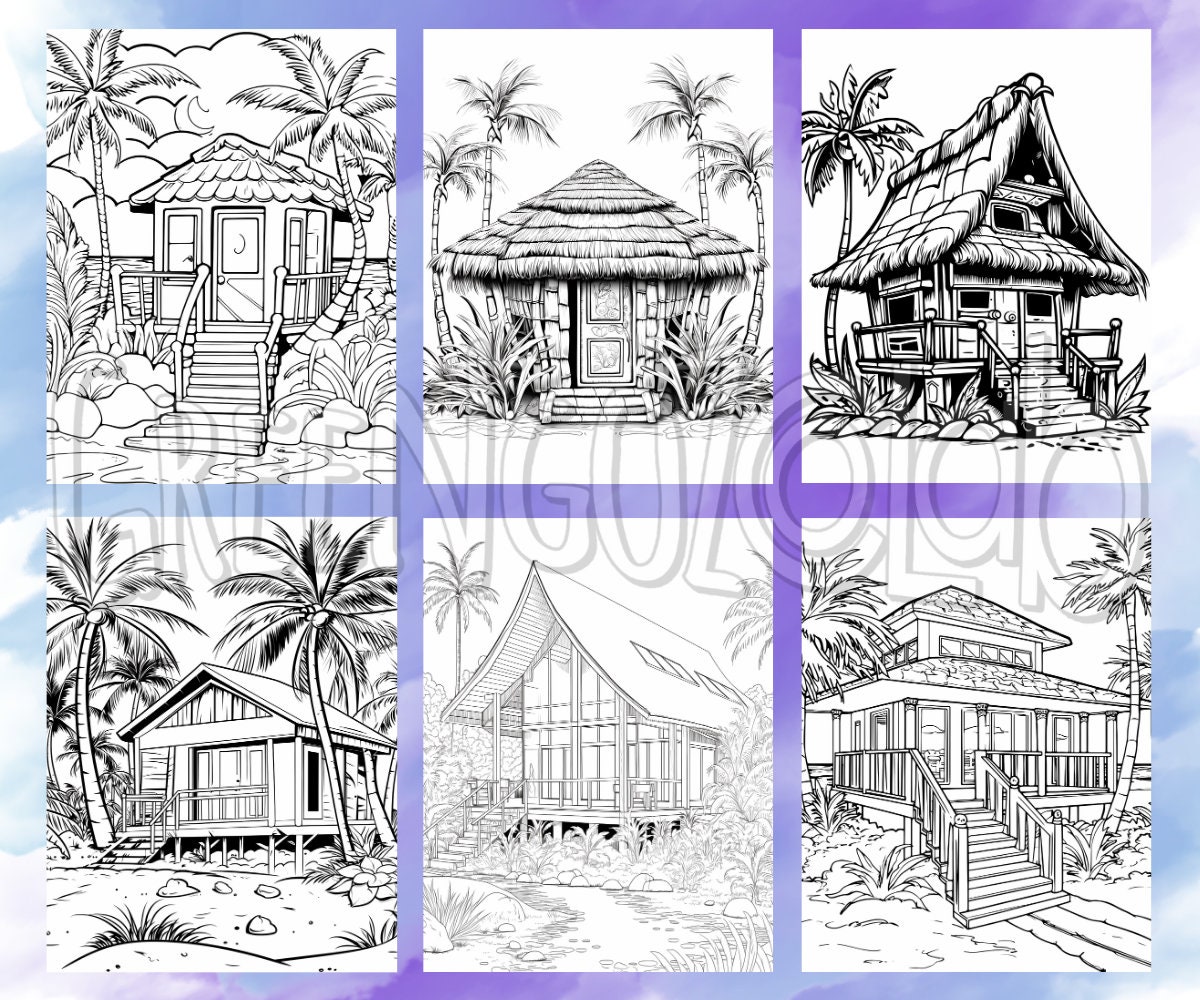 Printable Adult, Kids Coloring Book Pages, Tropical Beach Houses ...
