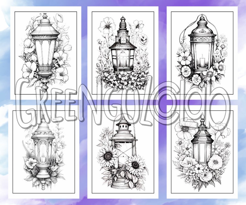 Adult Coloring Book Pages, Cute Blooming Lanterns, Digital Download ...