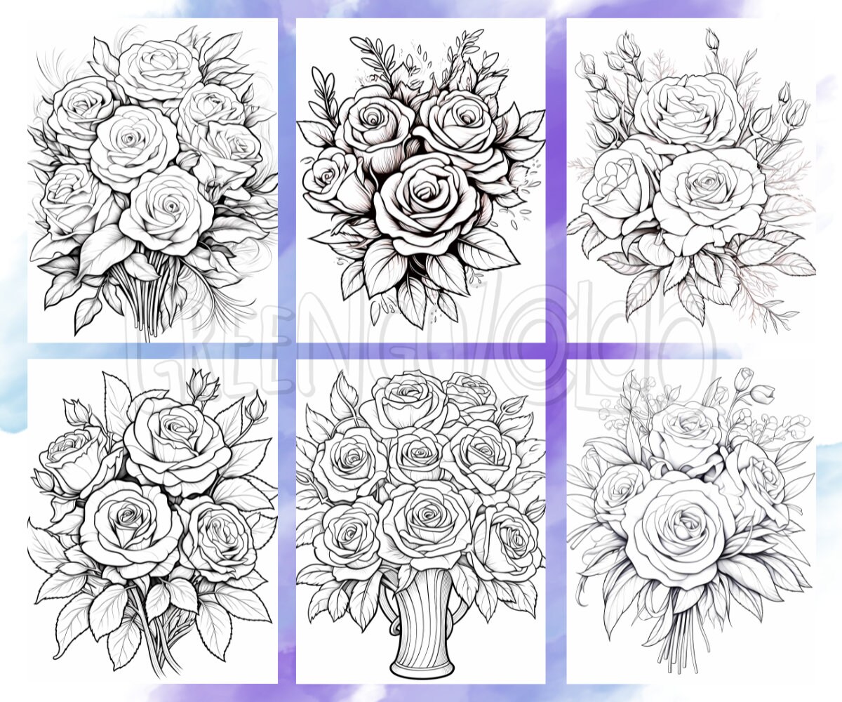 Rose Floral Coloring Book Pages for Adults & Kids, Flower Grayscale ...