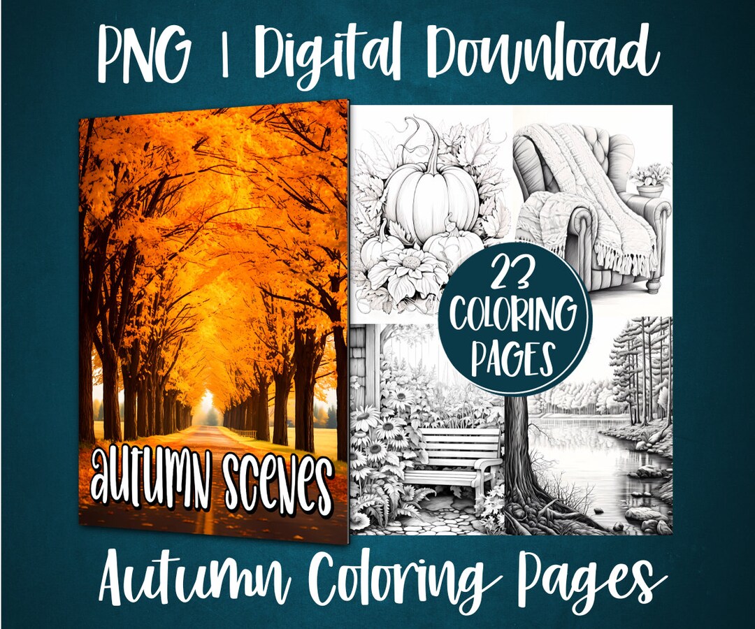 Autumn Scenes Coloring Book Pages for Adults, Charming Fall Grayscale ...