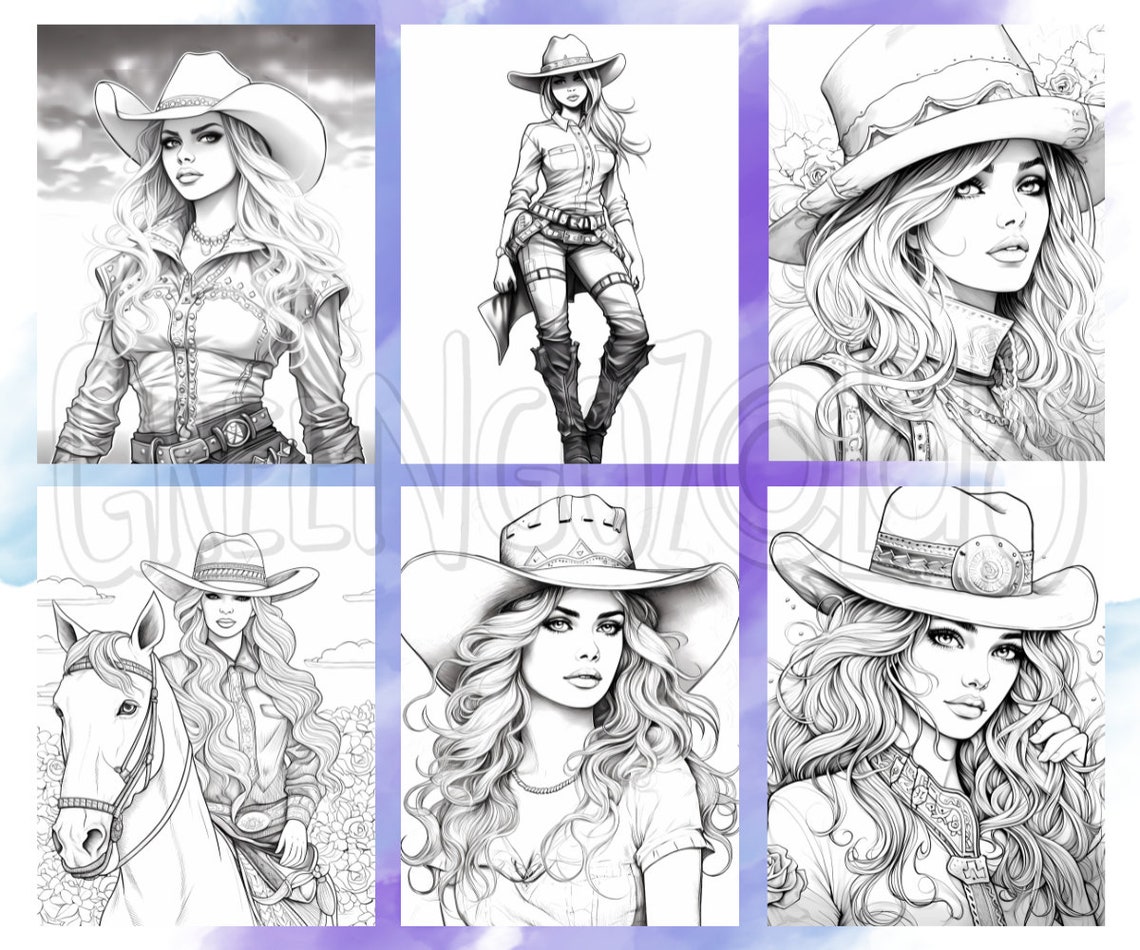 Cowgirls Coloring Book Pages for Adults, Western Grayscale Coloring ...