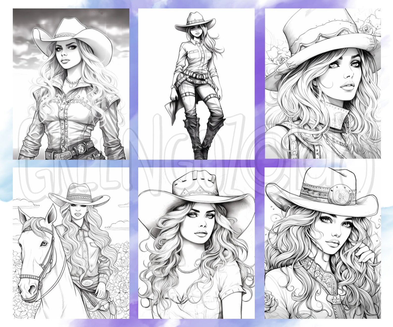Cowgirls Coloring Book Pages for Adults, Western Grayscale Coloring ...