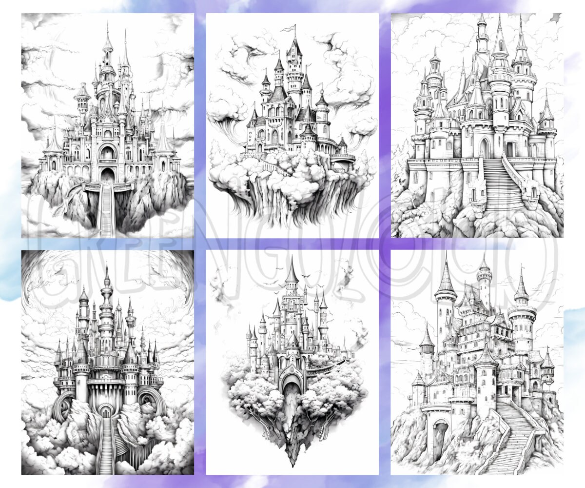 Fantasy Castles Coloring Book Pages for Adults, Kids, Grayscale ...