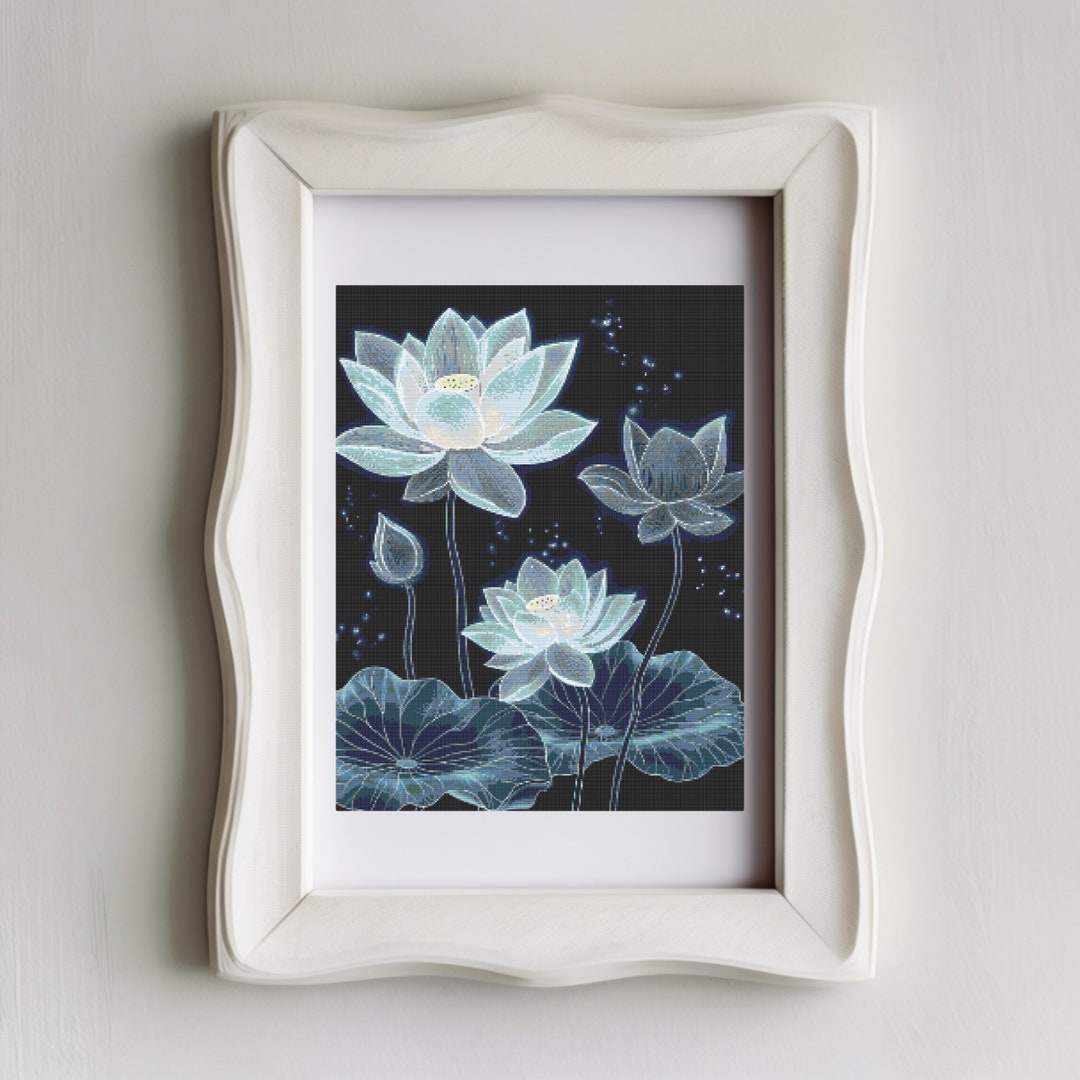White Lotus Flowers and Leaves Cross Stitch, Lotus Embroidery Design ...