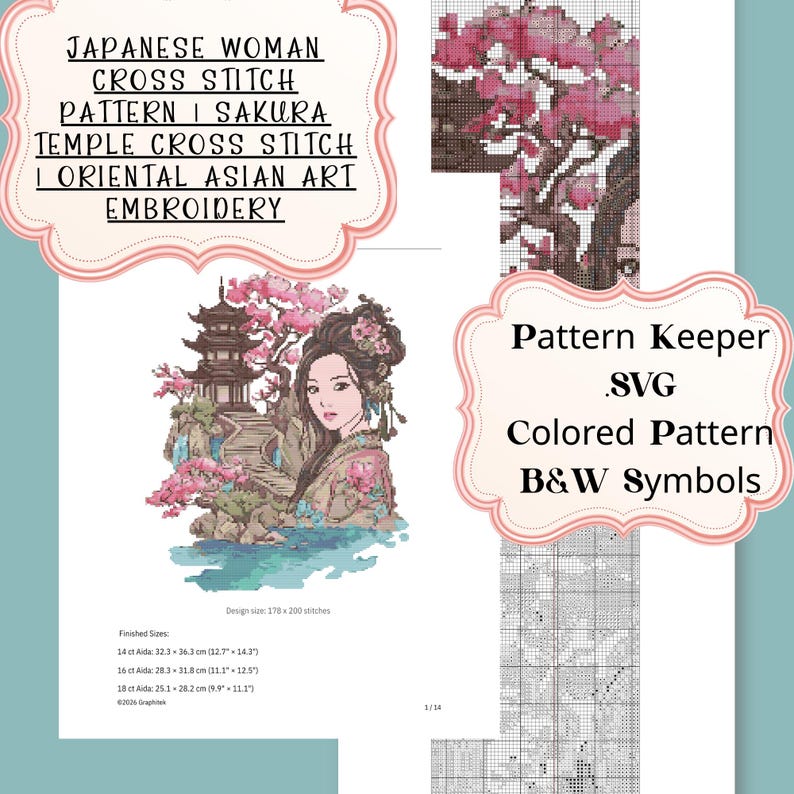Sakura Temple Cross Stitch Pattern, Japanese Woman, Pagoda (PDF Pattern ...