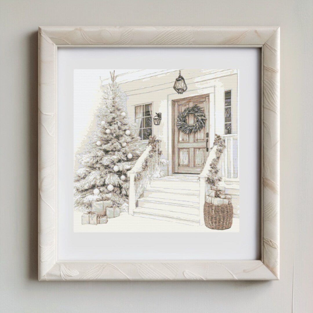Boho Front Porch Christmas Cross Stitch Pattern, Landscape Cross Stitch ...