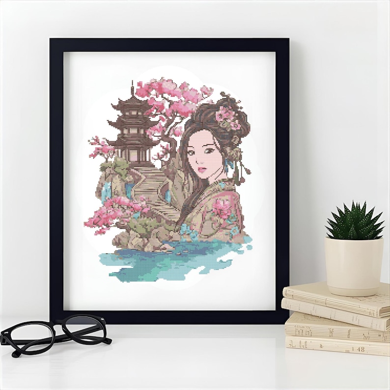 Sakura Temple Cross Stitch Pattern, Japanese Woman, Pagoda (PDF Pattern ...
