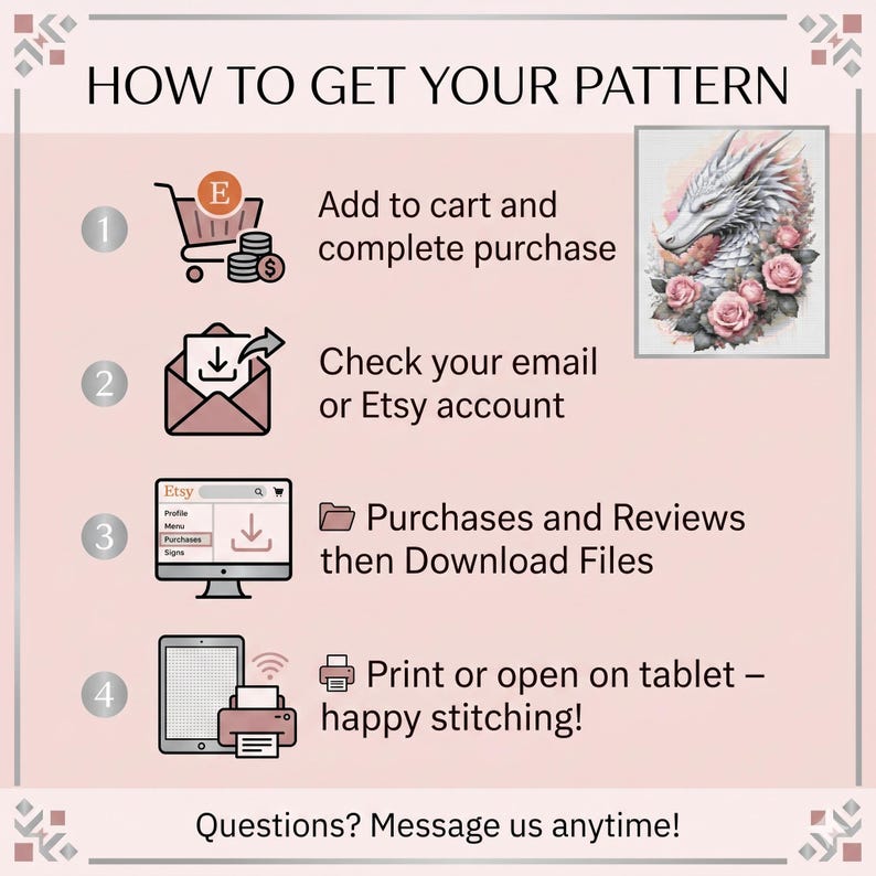 Dragon and Roses Cross Stitch Pattern – Watercolor Fantasy Design PDF ...