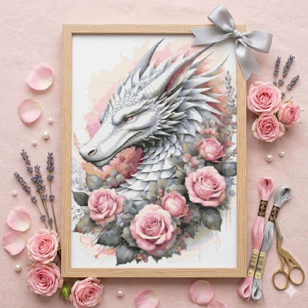 Dragon and Roses Cross Stitch Pattern – Watercolor Fantasy Design PDF ...