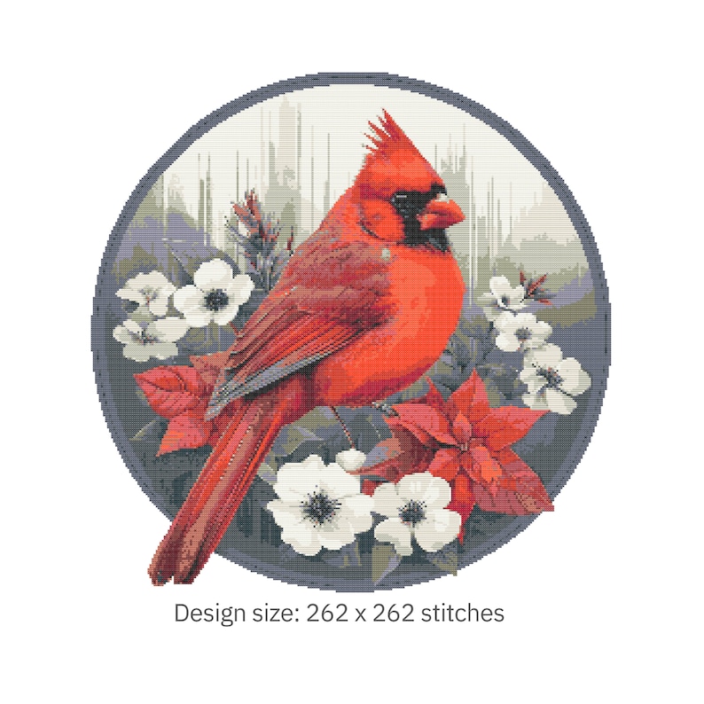 Circular Frame With Red Cardinal Bird Cross Stitch Pattern, Christmas ...