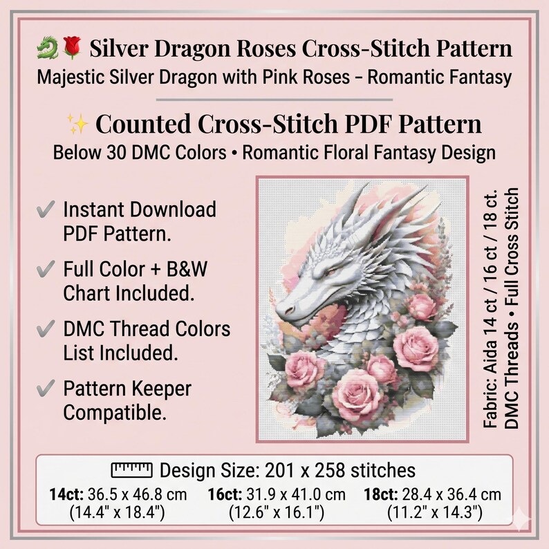 Dragon and Roses Cross Stitch Pattern – Watercolor Fantasy Design PDF ...