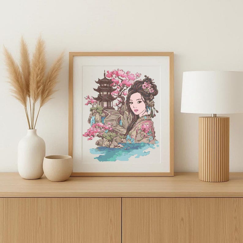 Sakura Temple Cross Stitch Pattern, Japanese Woman, Pagoda (PDF Pattern ...