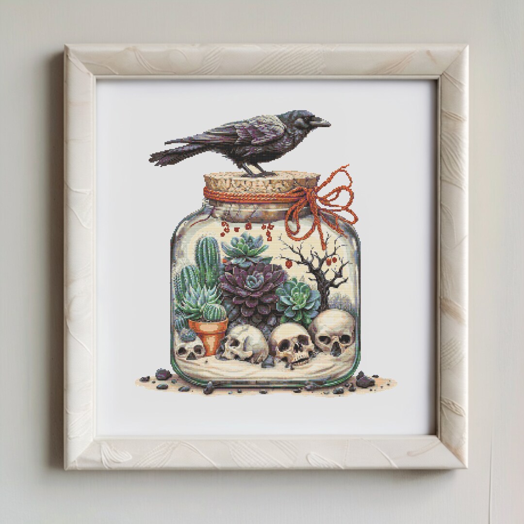Whimsical Raven Cross Stitch Pattern: Gothic Terrarium (PDF) - Etsy