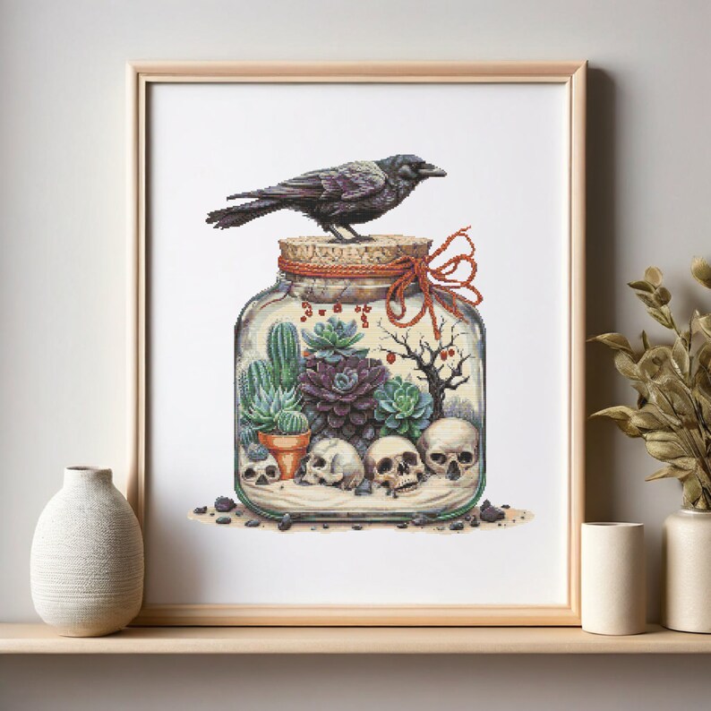 Whimsical Raven Cross Stitch Pattern, Gothic Cross Stitch, Witch Cross Stitch, Counted Spooky ...