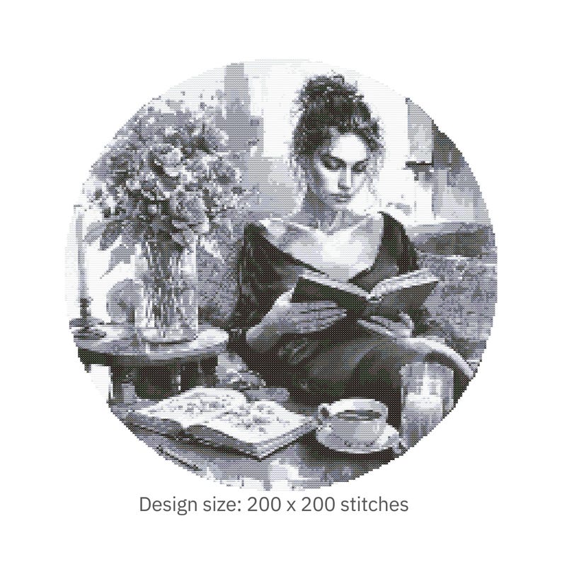 Cozy Woman Reading Cross Stitch Pattern: Elegant Monochrome Design (PDF ...