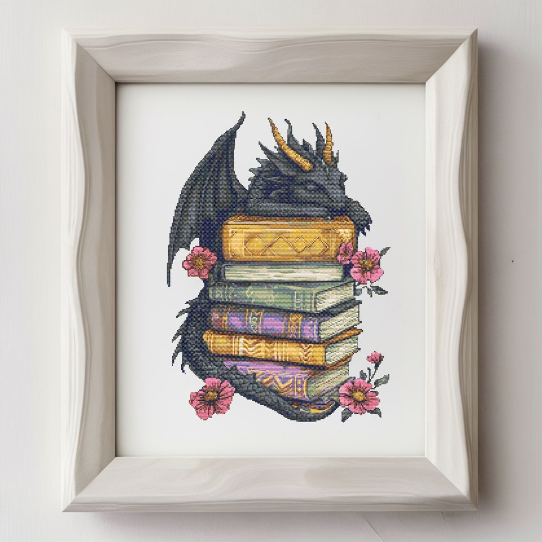 Dragon Cross Stitch Pattern, Whimsical Dragon on Books Cross Stitch ...